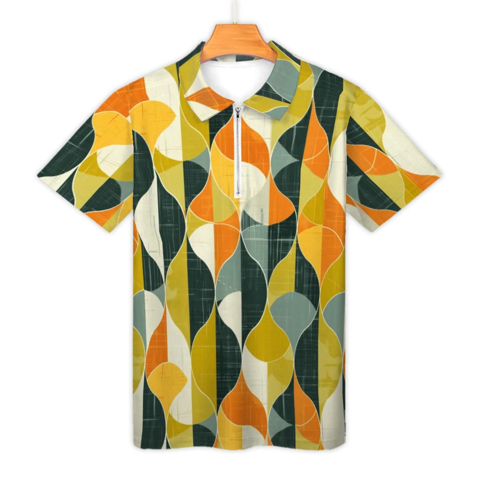 MCM Retro Polo Shirt- Atomic Groovy Design Slim Fit Zipper Polo Shirts ...