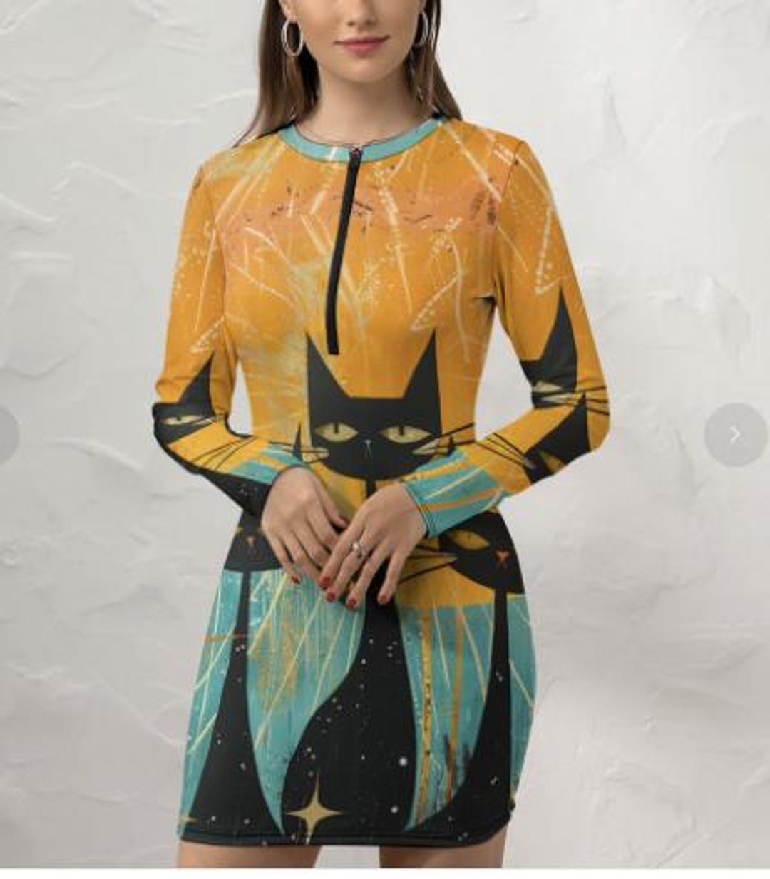 Mid Mod Dress, Atomic Cat Zipper Long Sleeve Dress, Gogo Dress, Shift ...
