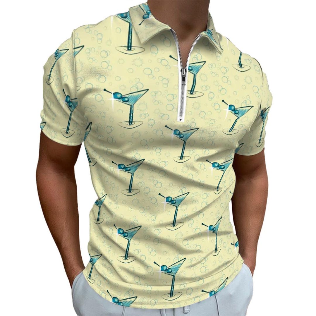 MCM Retro Polo Shirt- Atomic Martini Cocktail Design Slim Fit Zipper ...