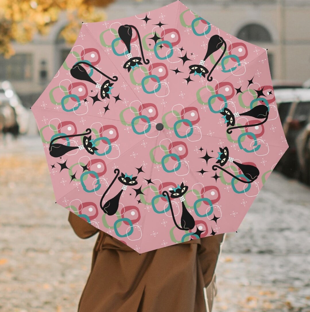 MCM Atomic Cat Umbrella, Mid Century Modern Rain Umbrella, Pink Fun ...