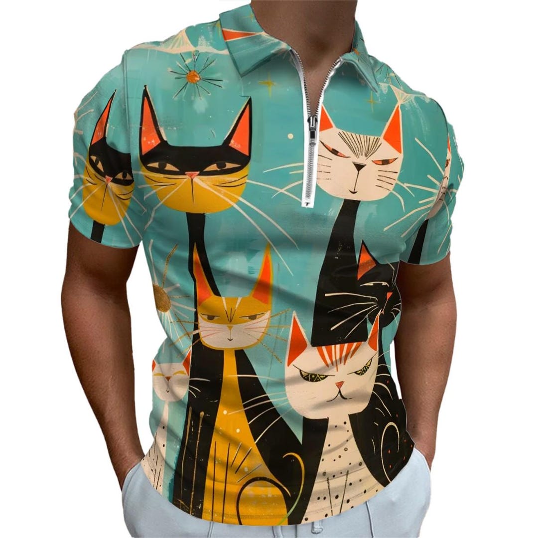 MCM Retro Polo Shirt- Mid Mod Atomic Groovy Design Slim Fit Zipper Polo ...