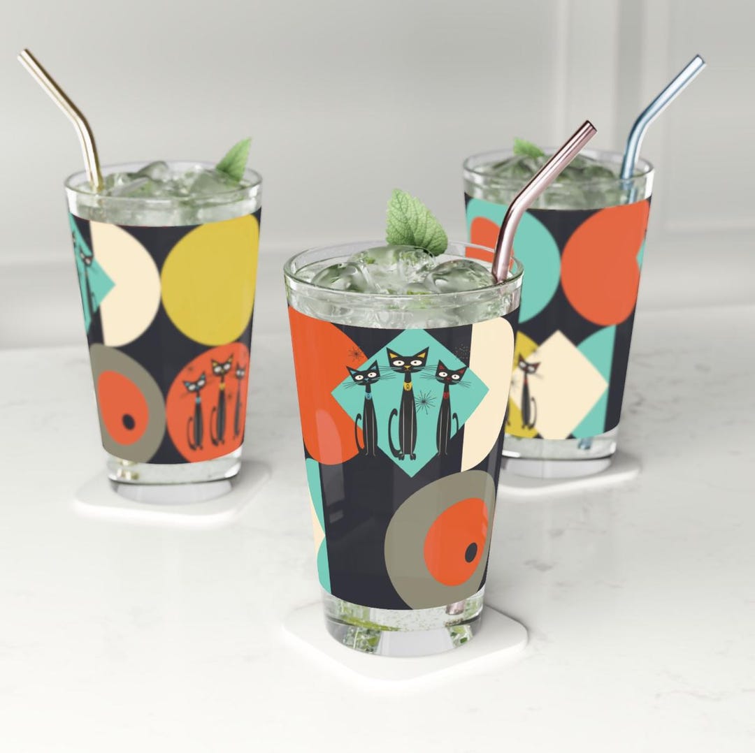 MCM Pink Atomic Cat Glassware 1/2/4 Pc Set, MCM Beer Glass, Sexton Cat ...