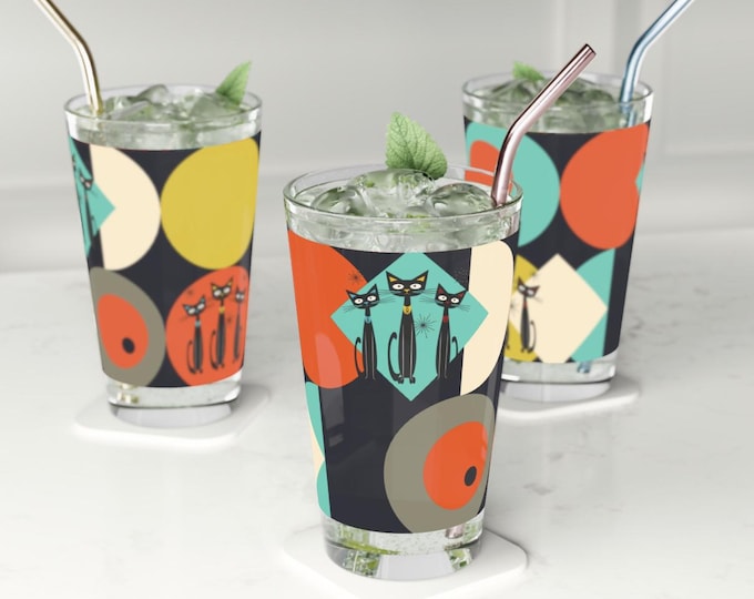 Atomic Kitschy Black Cat Pint Glass, 16oz Mid Century Modern Retro Beer ...