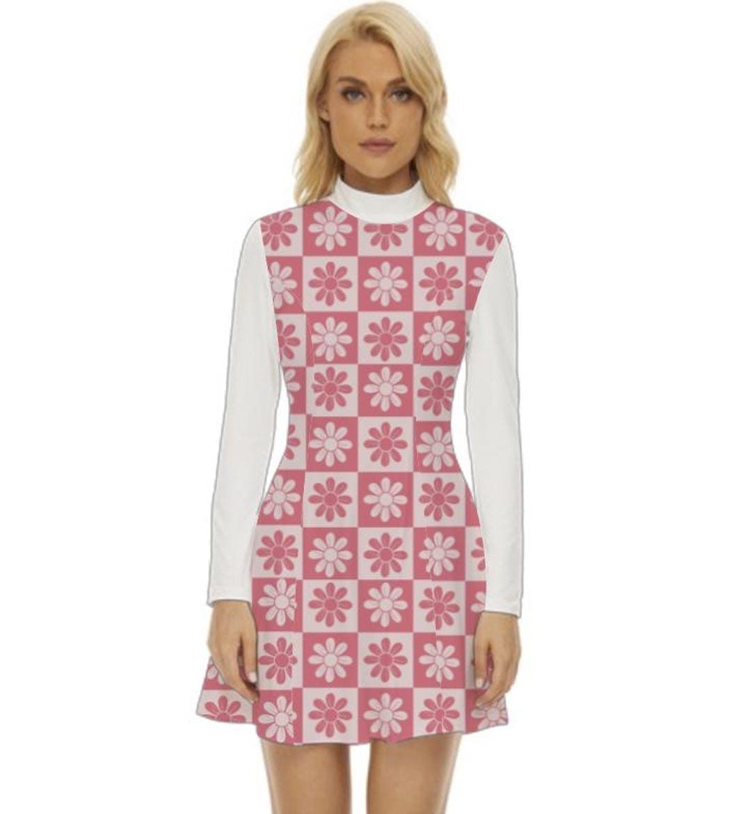 Mod Go-go Dress -pink Flower Mini Dress, MCM High Neck Swing Dress - Etsy