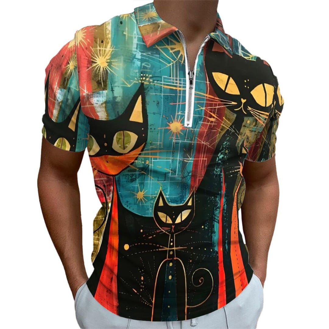 MCM Retro Polo Shirt- Mid Mod Atomic Groovy Design Slim Fit Zipper Polo ...