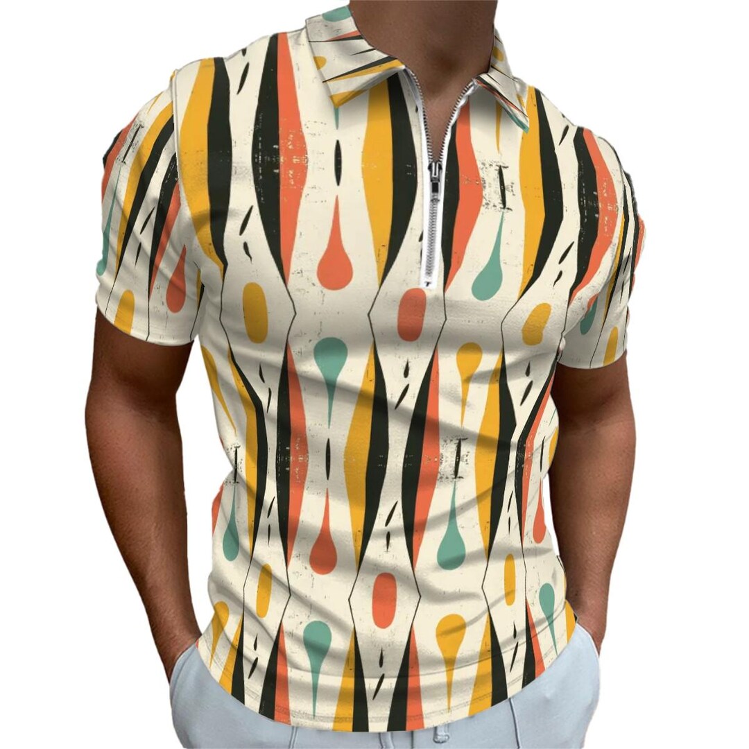 MCM Retro Polo Shirt- Atomic Groovy Design Slim Fit Zipper Polo Shirts ...