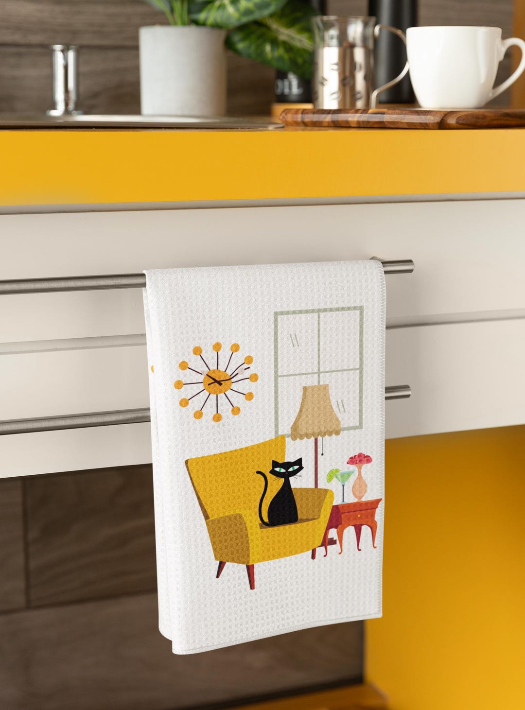 MCM Atomic Cat Towel, Atomic Cats Lounging II Waffle Dish Towels- Mid ...