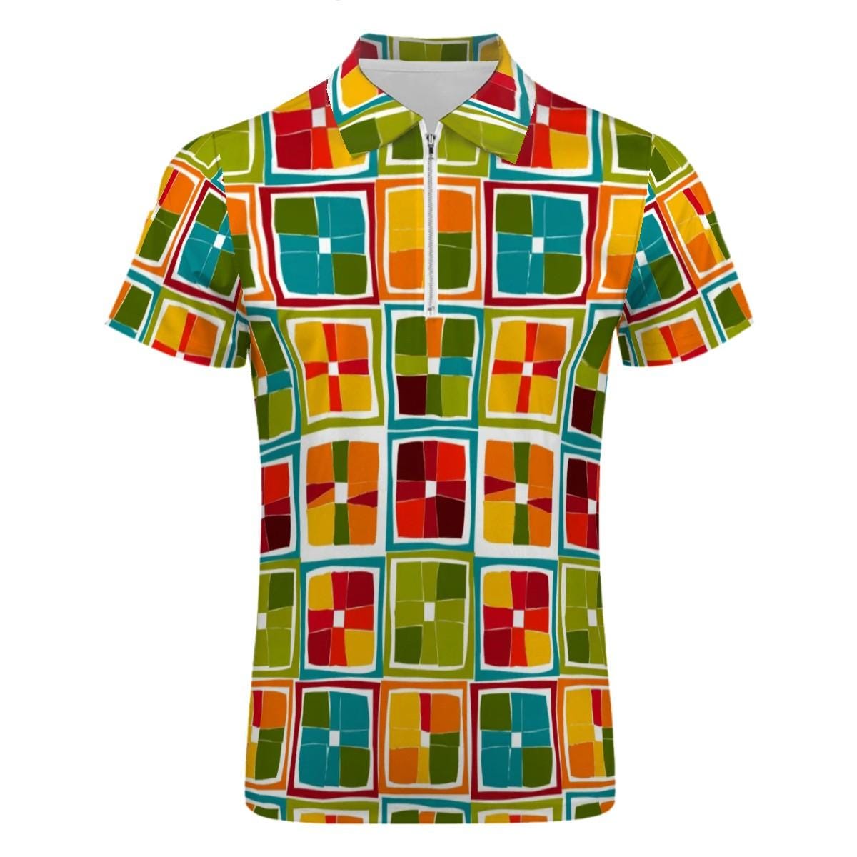 MCM Retro Polo Shirt- Atomic Groovy Design Slim Fit Zipper Polo Shirts ...