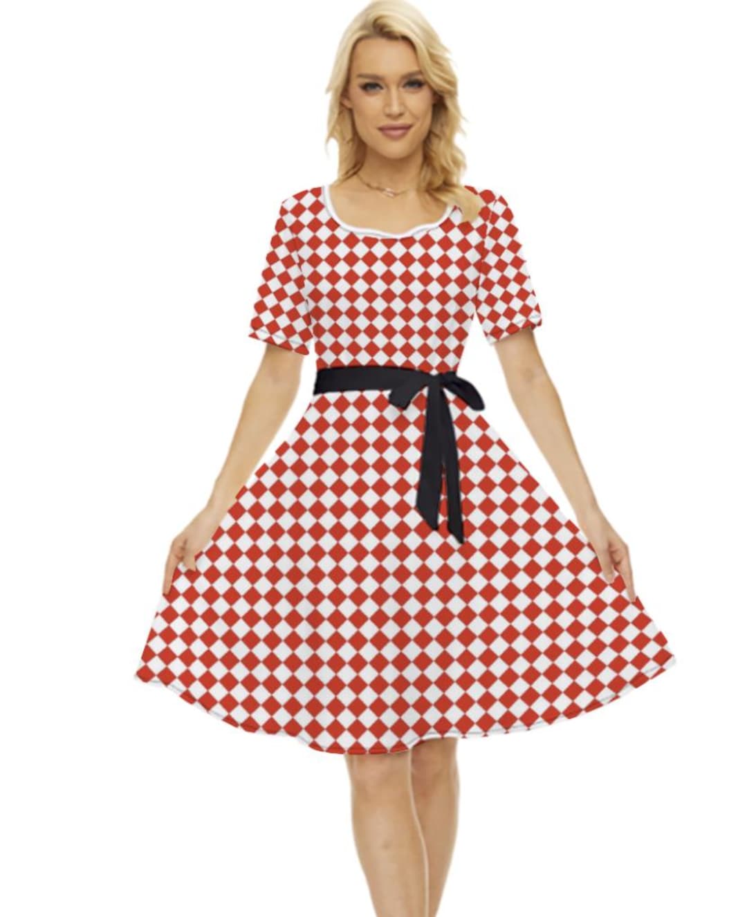 Vintage Red White Checker Dress, Mid Mod Dress, Short Sleeve Swing ...