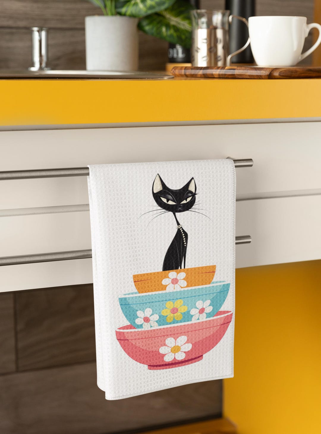 MCM Atomic Cat Towel, Atomic Cat in Pyrex I Waffle Dish Towels Mid ...