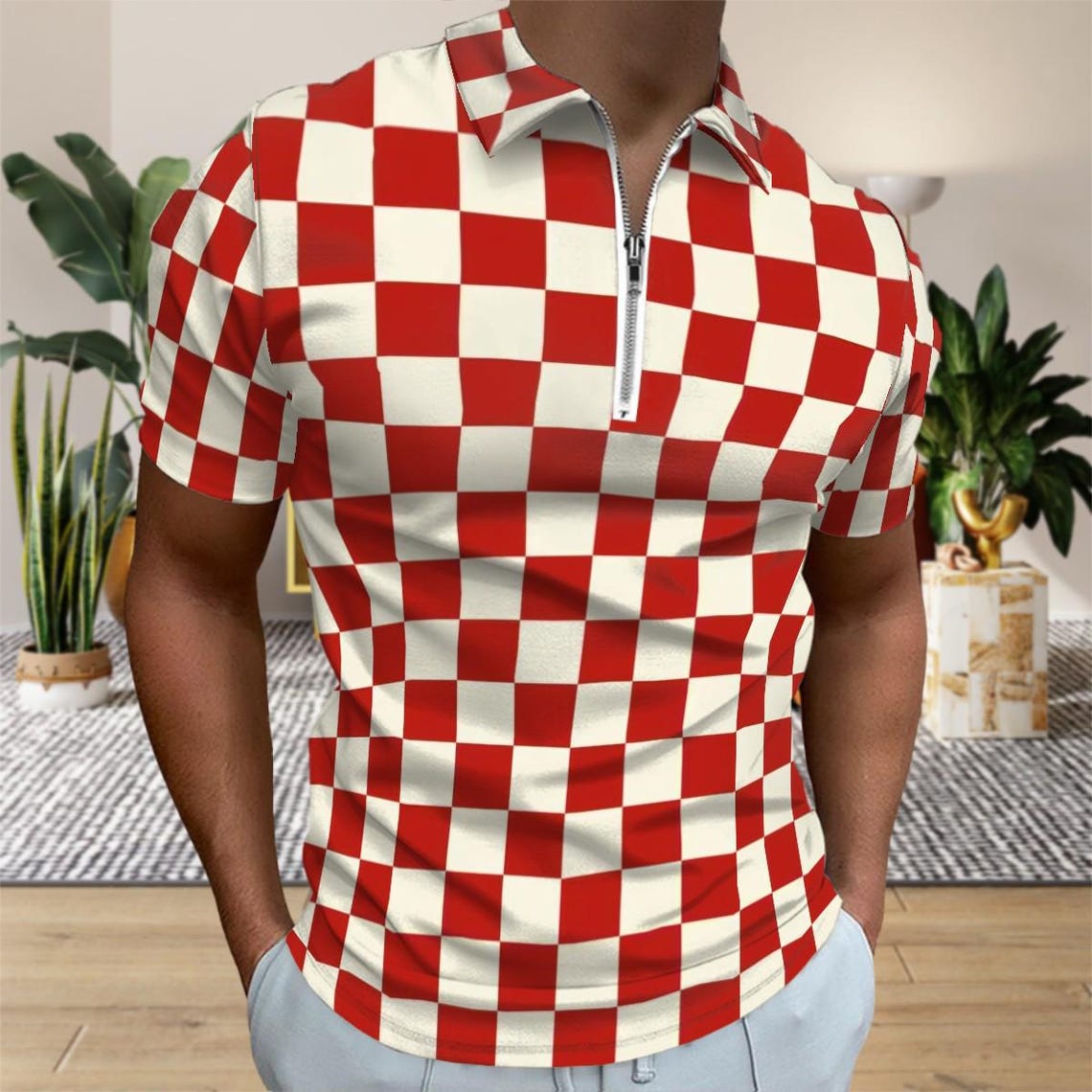 MCM Retro Polo Shirt- Atomic Groovy Design Slim Fit Zipper Polo Shirts ...