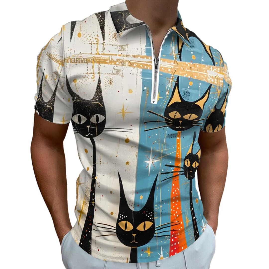 MCM Retro Polo Shirt- Mid Mod Atomic Groovy Design Slim Fit Zipper Polo ...