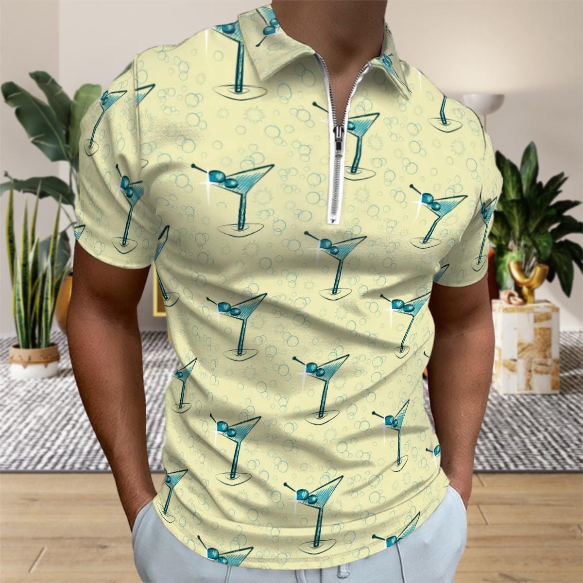 MCM Retro Polo Shirt- Atomic Martini Cocktail Design Slim Fit Zipper ...