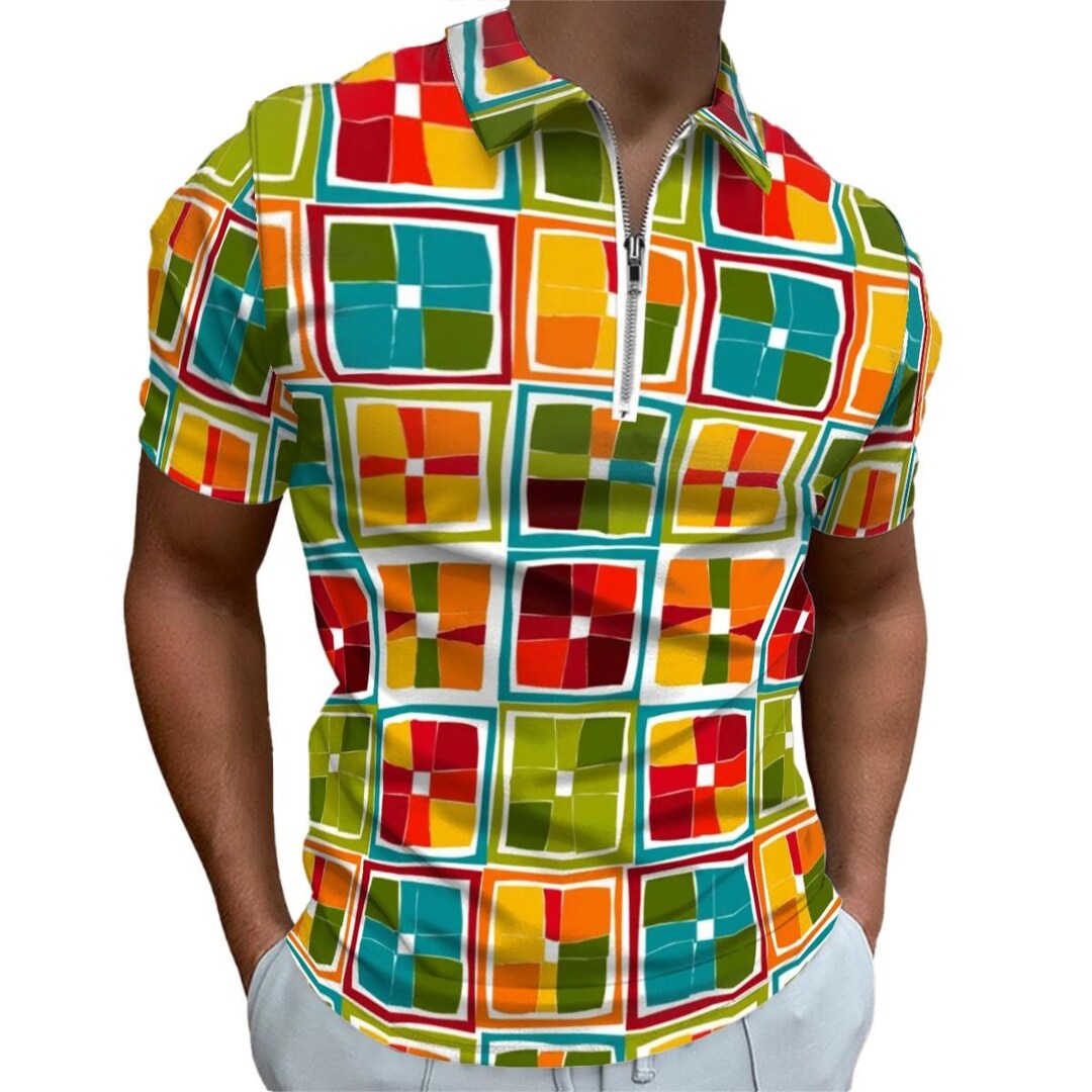 MCM Retro Polo Shirt- Atomic Groovy Design Slim Fit Zipper Polo Shirts ...