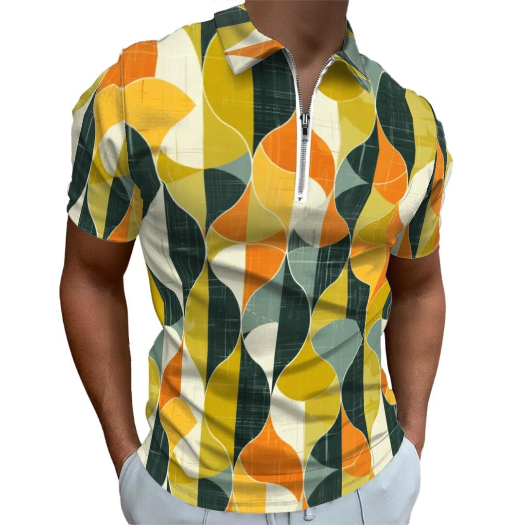 MCM Retro Polo Shirt- Atomic Groovy Design Slim Fit Zipper Polo Shirts ...
