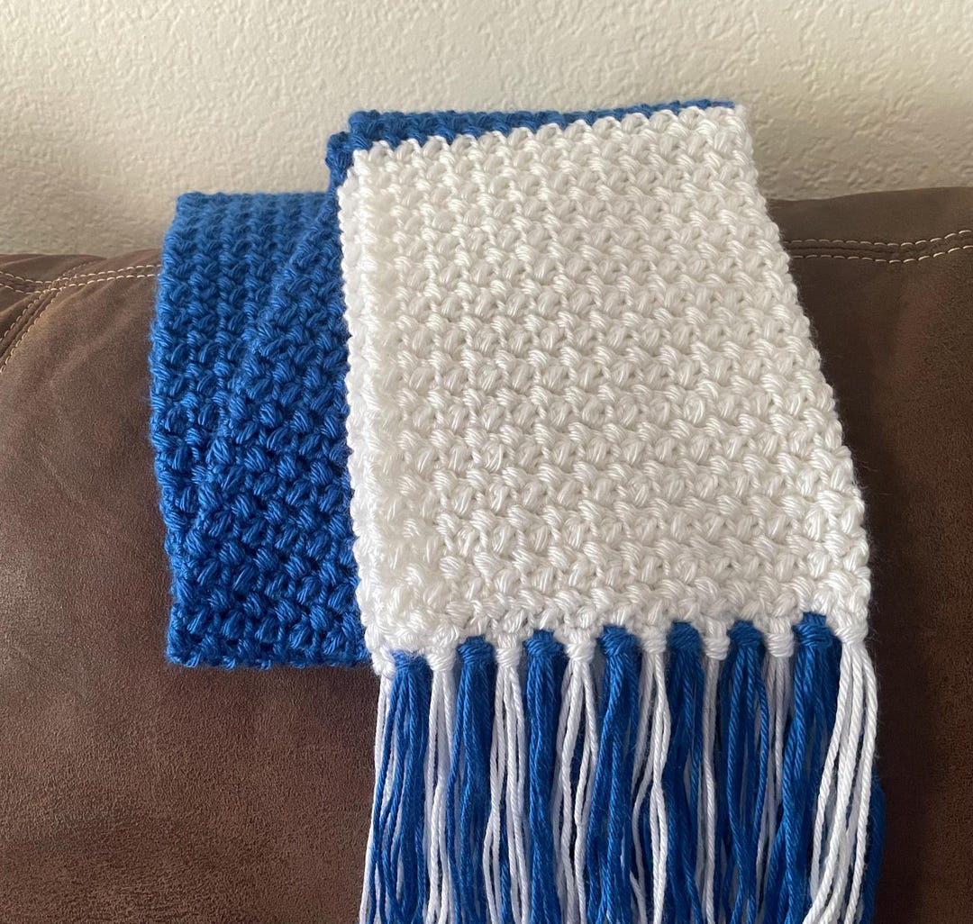 Handmade Crochet Fringed Scarf | Dodgers | Blue and White - Etsy