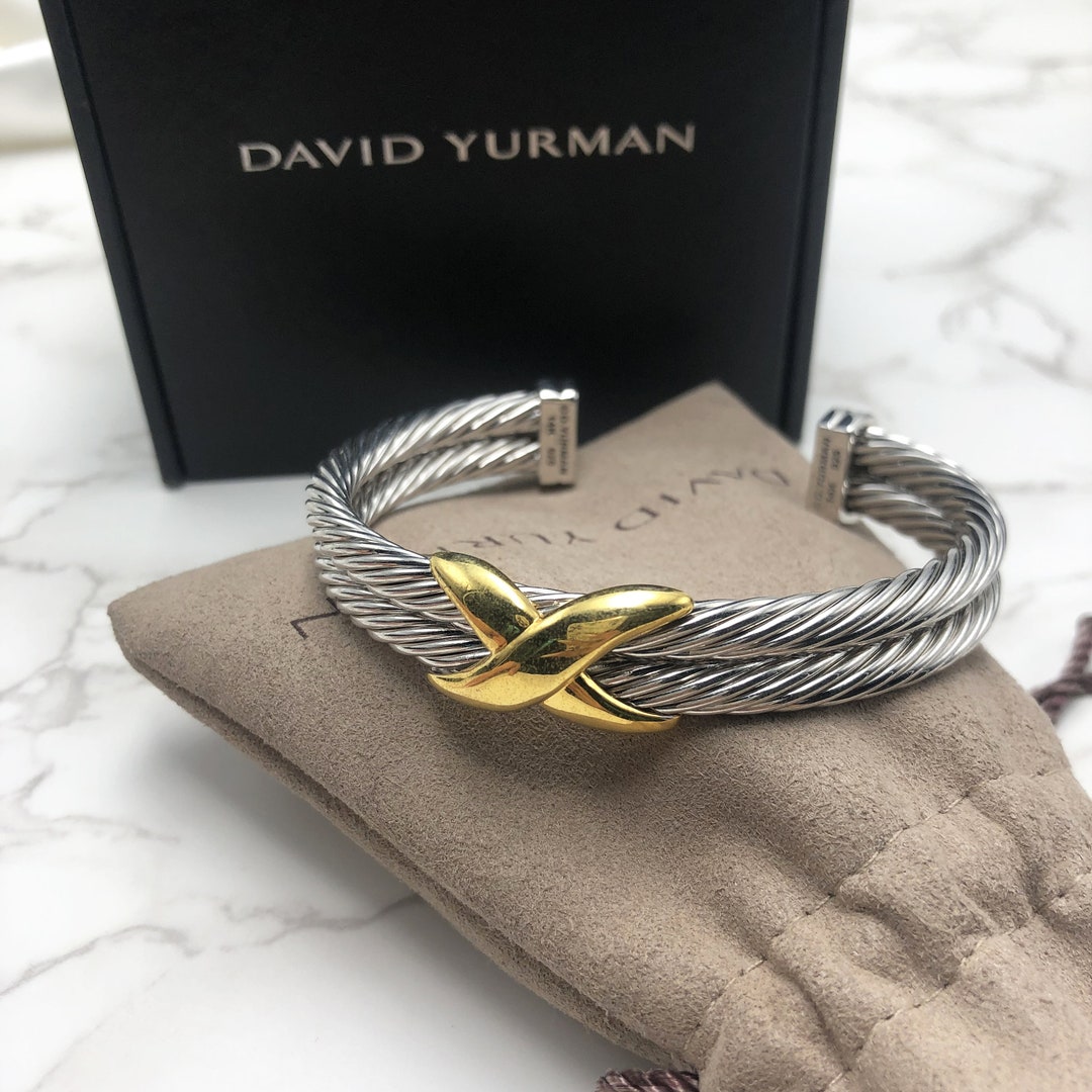 Gift DY Sterling Silver & 14k Gold 10MM Cable Cuff Bracelet 6.5 Inch ...