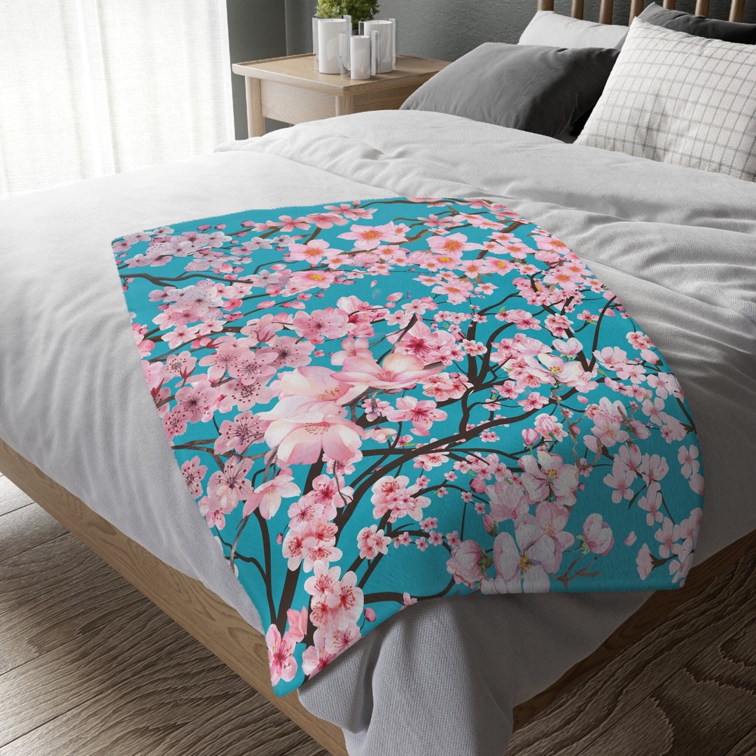 Japanese Cherry Blossom Throw Blanket: Pink & Turquoise Sakura Print - Etsy