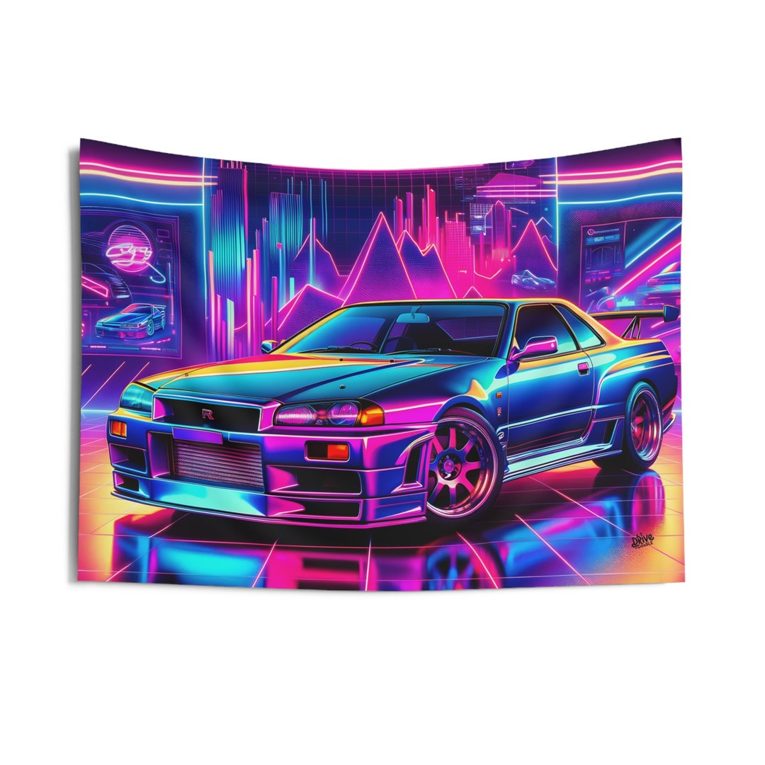 R34 Nissan Skyline GTR Neon Vaporwave Tapestry Synthwave Wall Art - Etsy