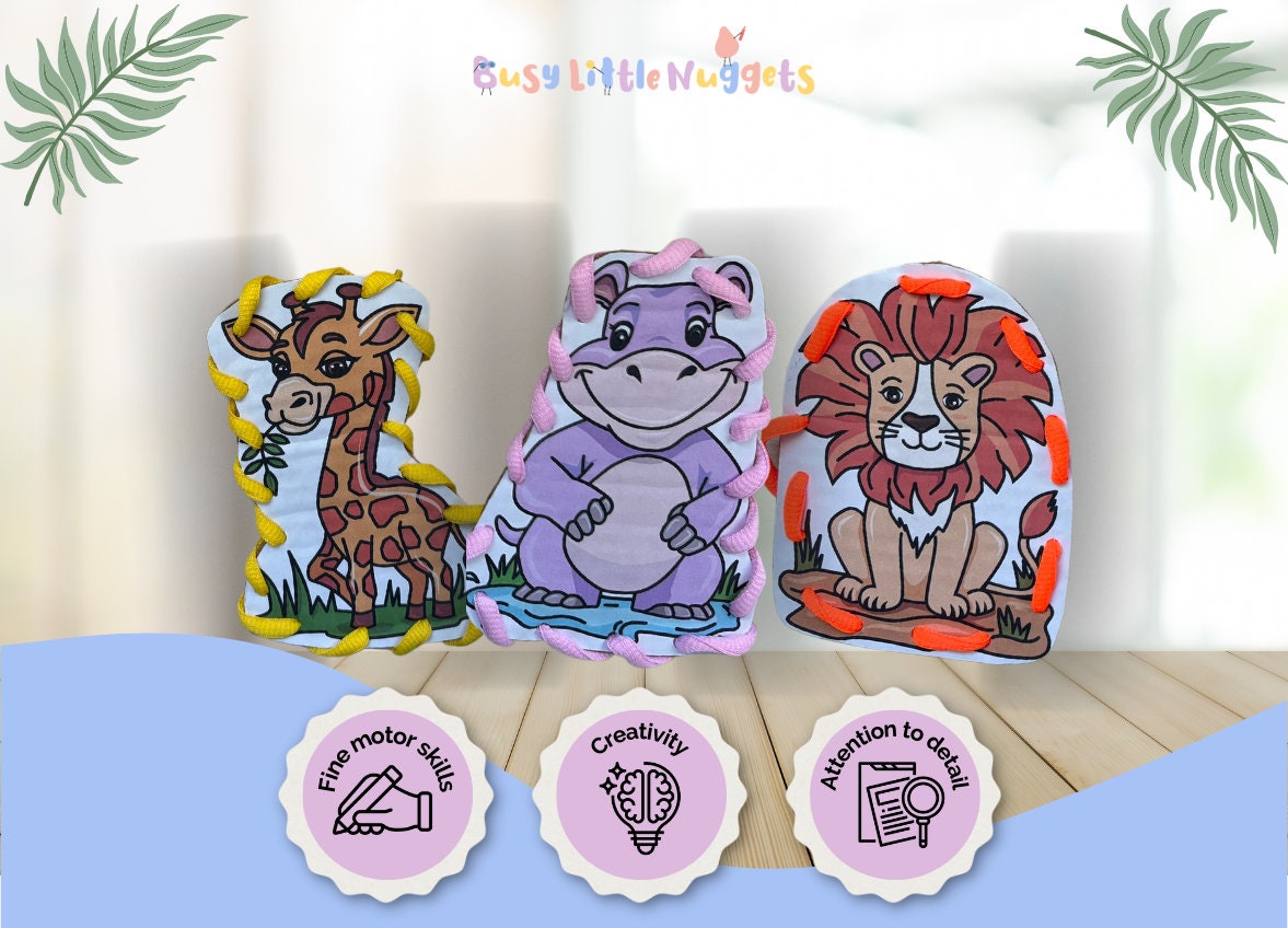 Safari Animals Lacing Card Set, Large Format, Preschool Fine Motor ...