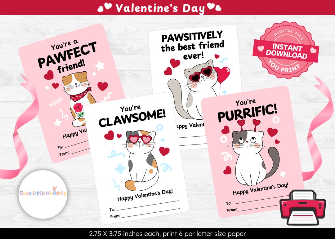 Cat Valentines Day Cards, Valentines Cards for Kids School, Valentine’s ...