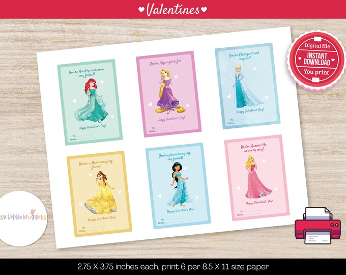 Printable Princess Valentines, Classroom Valentines Day Cards for Kids ...