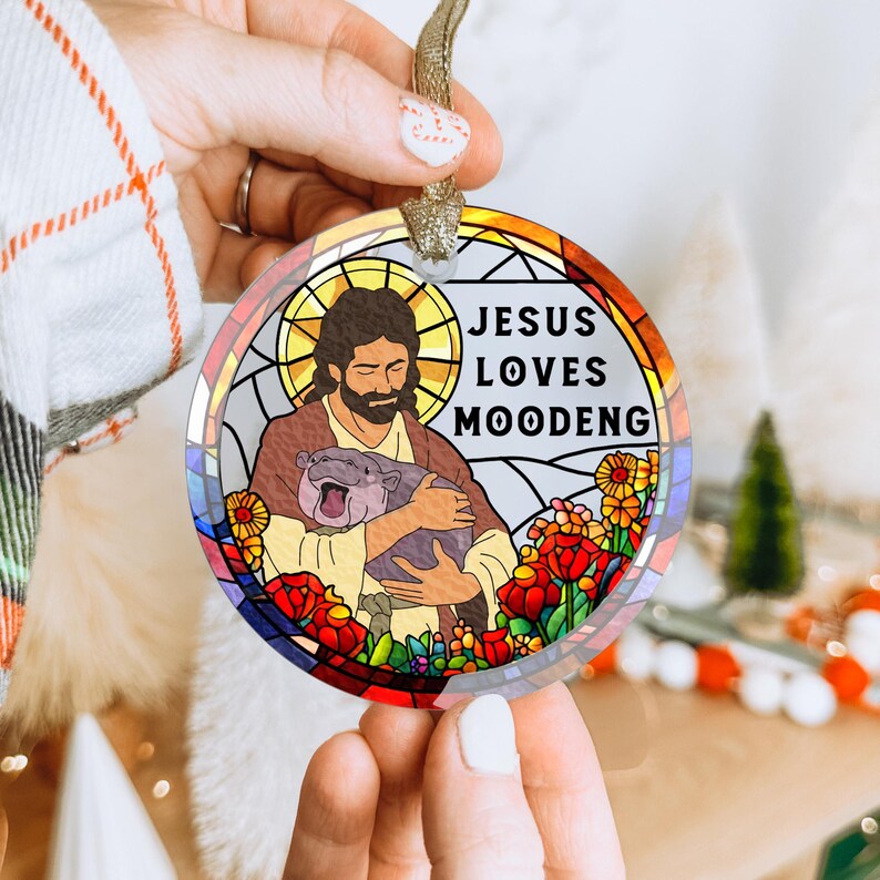 Funny Jesus Moo Deng Christmas Ornament, Cute Baby Hippo Meme Ornament ...