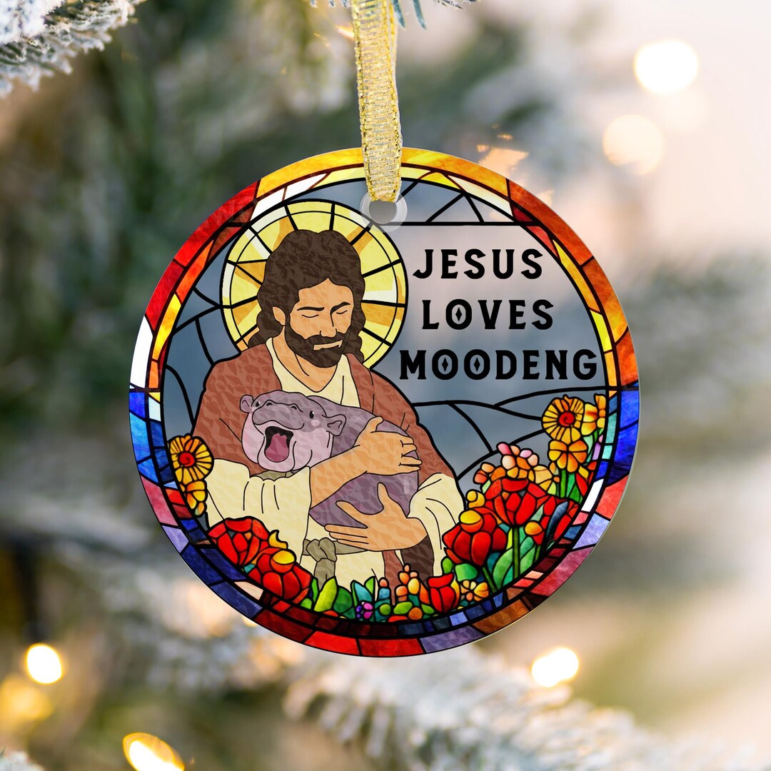 Funny Jesus Moo Deng Christmas Ornament, Cute Baby Hippo Meme Ornament ...