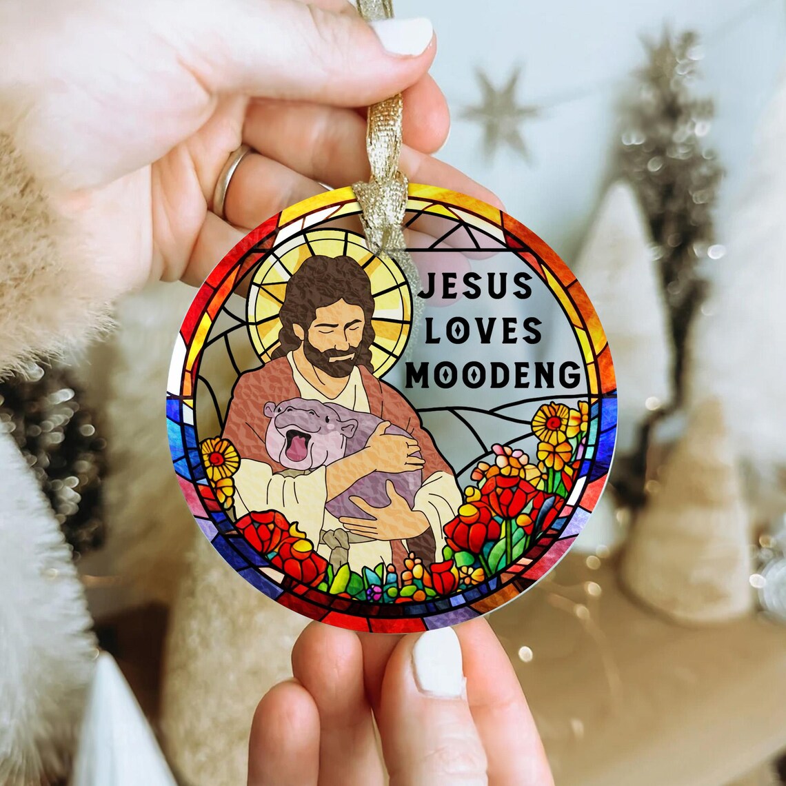 Funny Jesus Moo Deng Christmas Ornament, Cute Baby Hippo Meme Ornament ...