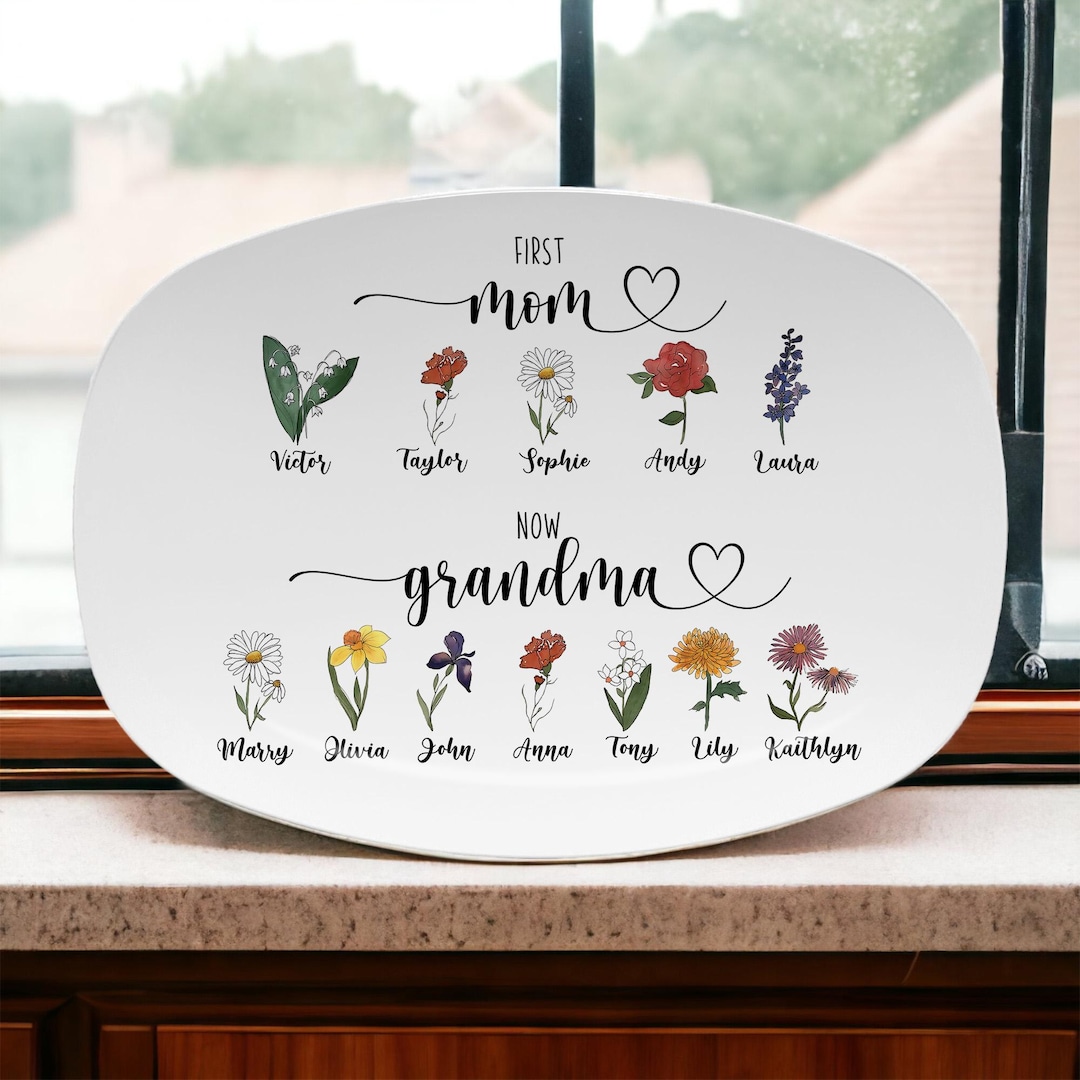 Custom First Mom Now Grandma Platter, Personalized Birth Month Flowers ...