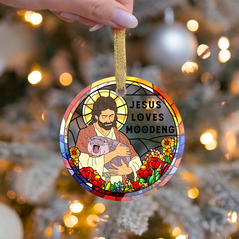 Funny Jesus Moo Deng Christmas Ornament, Cute Baby Hippo Meme Ornament ...
