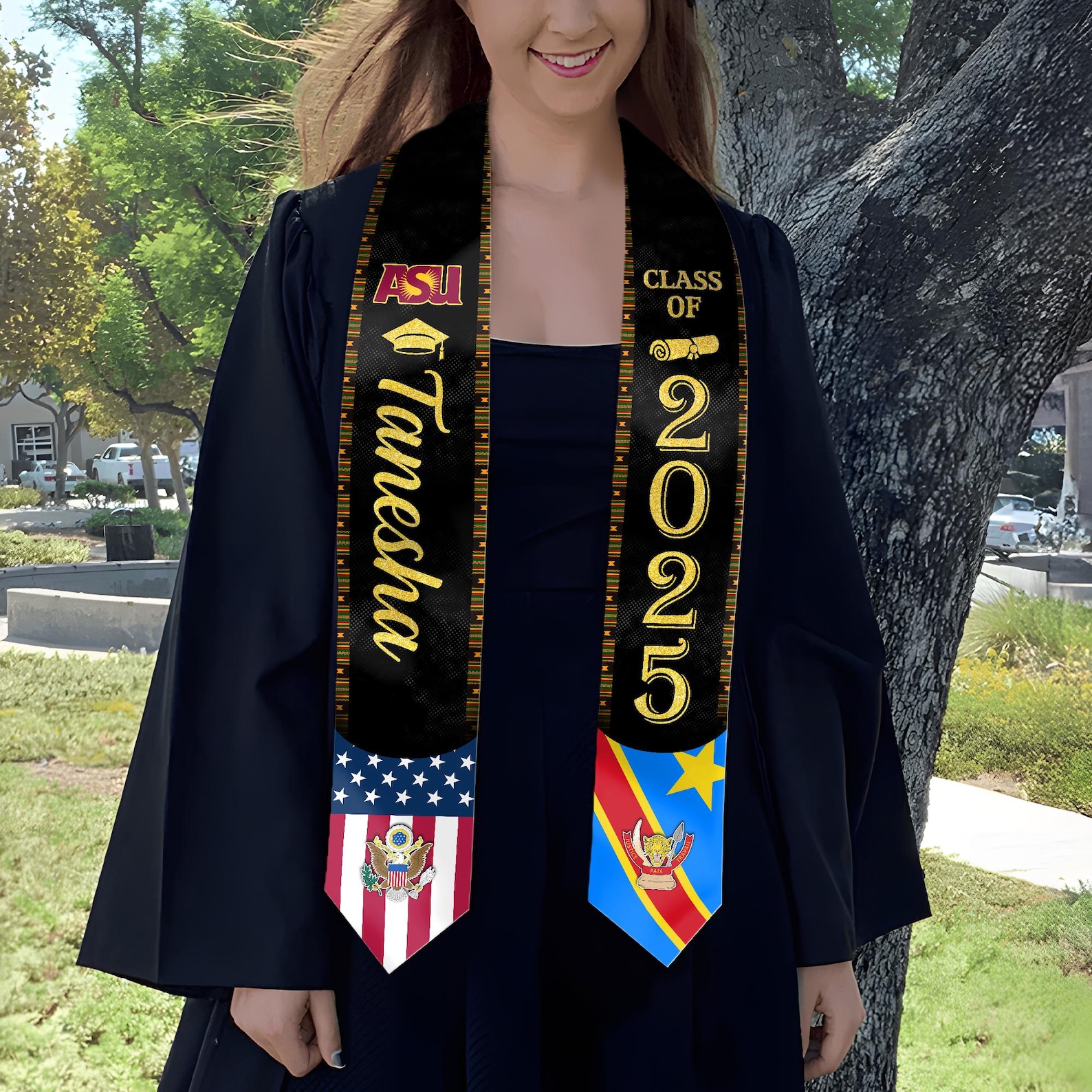 Custom Mixed Two Flags Graduation Stole, Kente Mix Graduation Sash ...