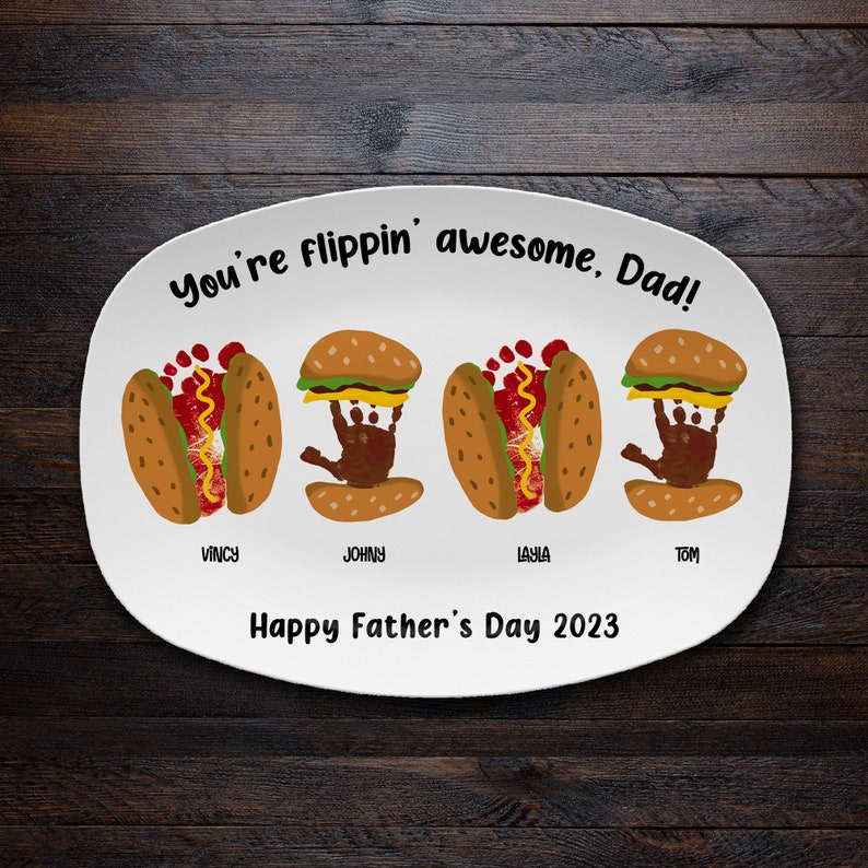 Custom Burger Hot Dog Handprint Plate, Personalized Gift for Father's ...