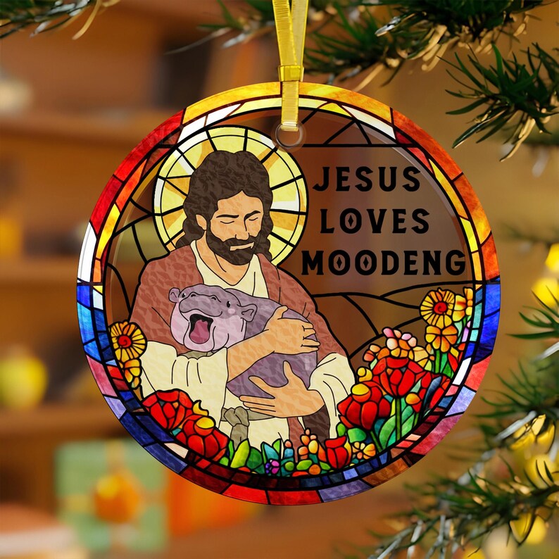 Funny Jesus Moo Deng Christmas Ornament, Cute Baby Hippo Meme Ornament ...