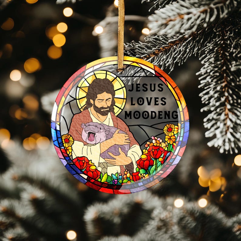 Funny Jesus Moo Deng Christmas Ornament, Cute Baby Hippo Meme Ornament ...