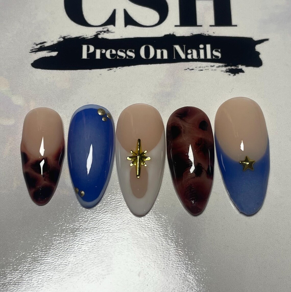 Elegant Gold, Blue, and Tortoise Shell Press on Nails | Gel Polish ...