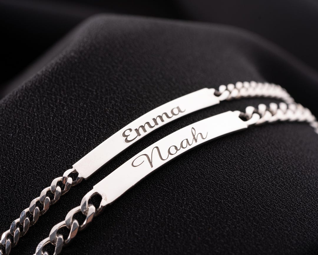 925 Sterling Silver Evgraved Name Bracelet Set for Couples, Curb Chain ...