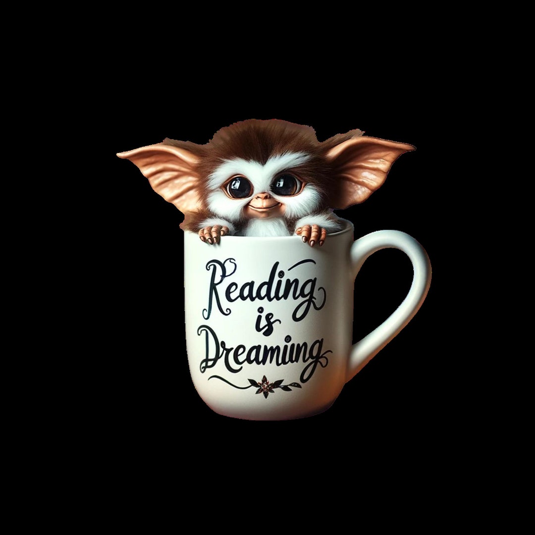 Gremlin in a Coffee Mug on a Stack of Books. Reading is Dreaming. PNG ...