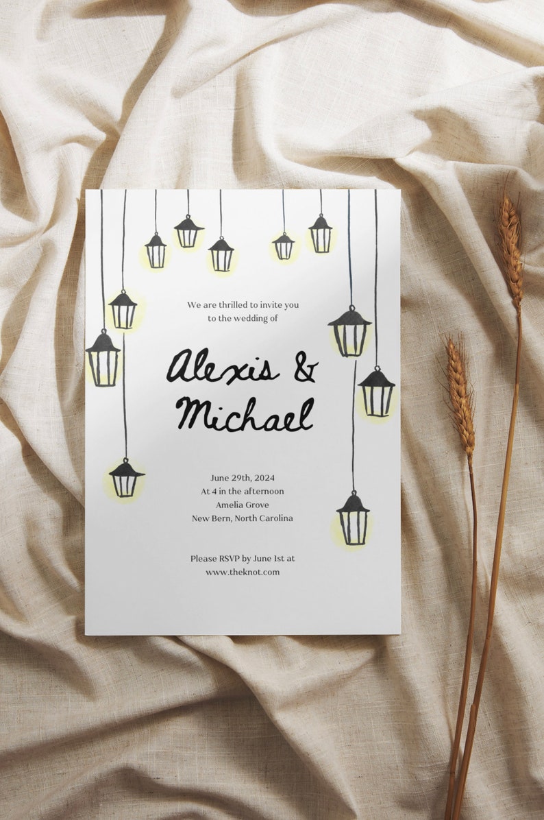 Hanging Lanterns Wedding Invitation, Digital Template, Handpainted Invite, Instant Download ...
