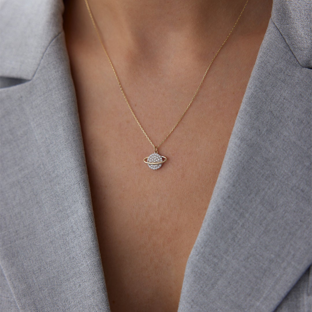 14K Solid Gold Saturn Planet Necklace, Dainty Gold Necklace, Gift for ...