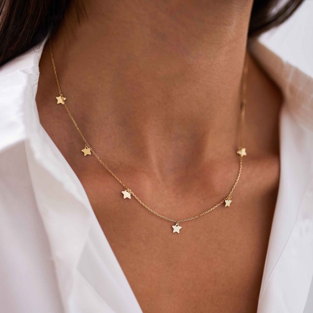 14K Solid Gold Star Plate Necklace,dainty & Tiny Star Shaped Charms ...