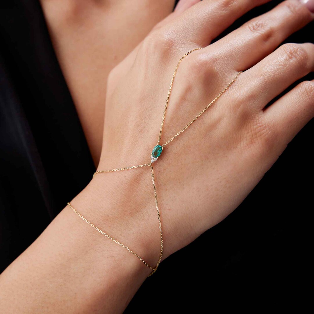 14K Solid Gold Emerald Stone Hand Bracelet, Gold Hand Bracelet, Gold ...