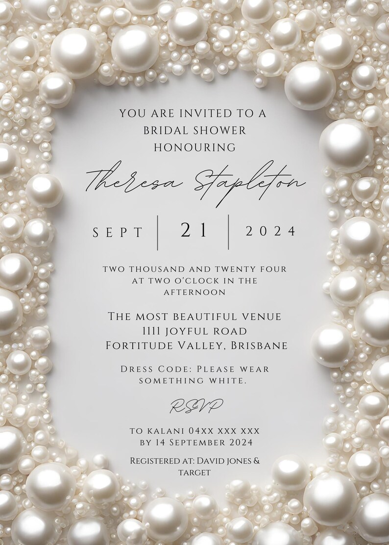 Elegant Editable White Pearl Bridal Shower Invitation Template W144 ...
