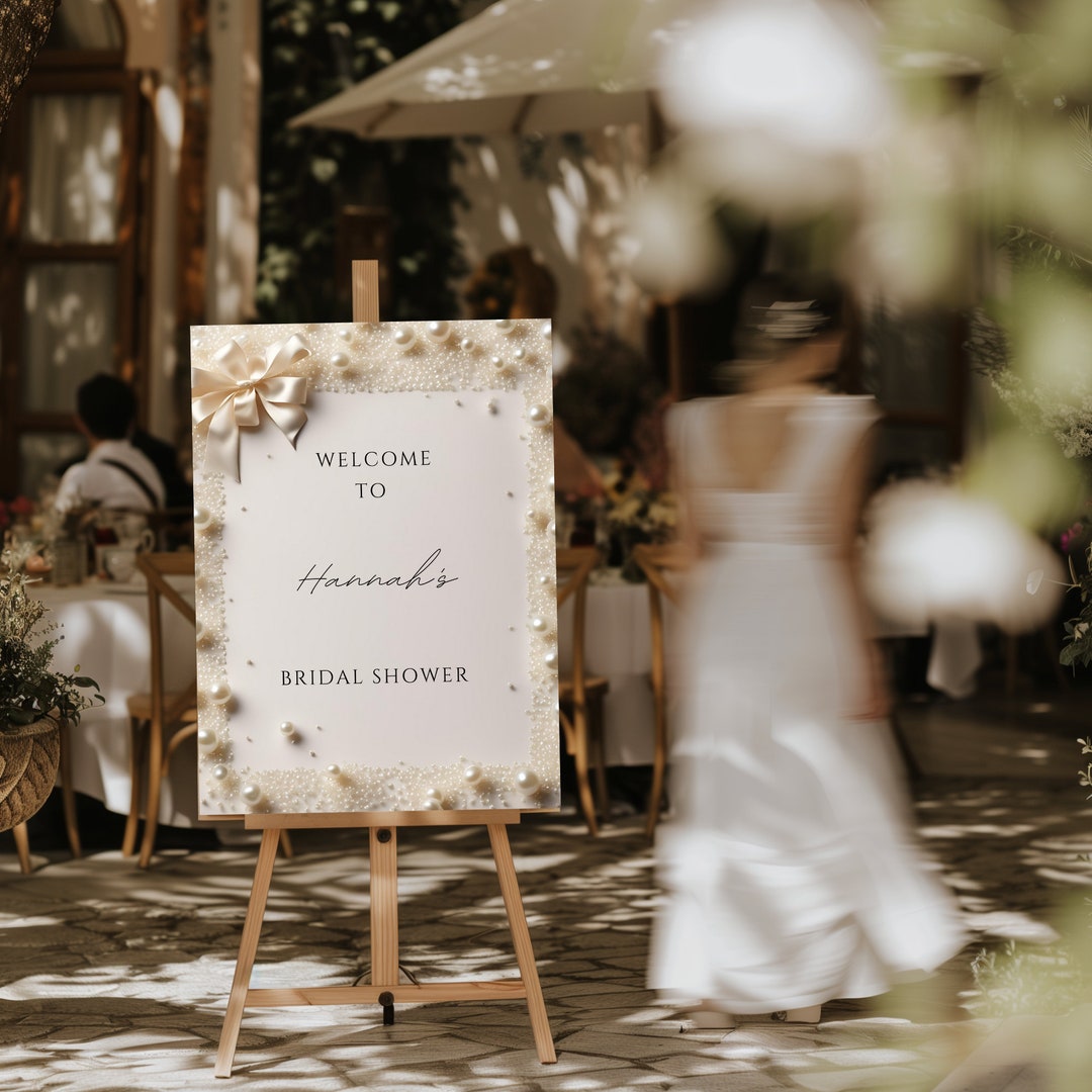 Elegant Editable Cream Pearl Frame With Bow Bridal Shower Welcome Sign ...