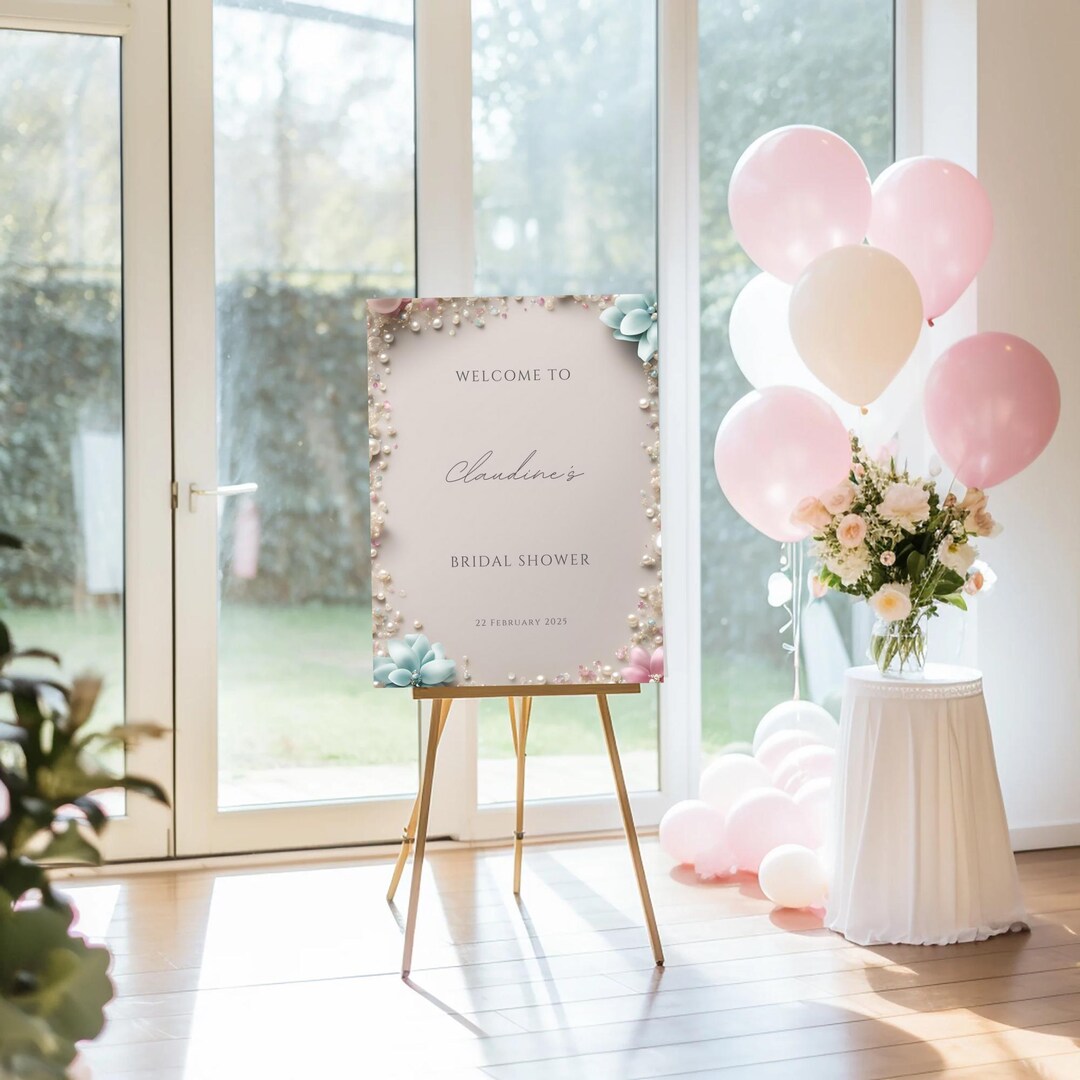 Elegant Editable Pink and Teal Floral Pearl Bridal Shower Welcome Sign ...
