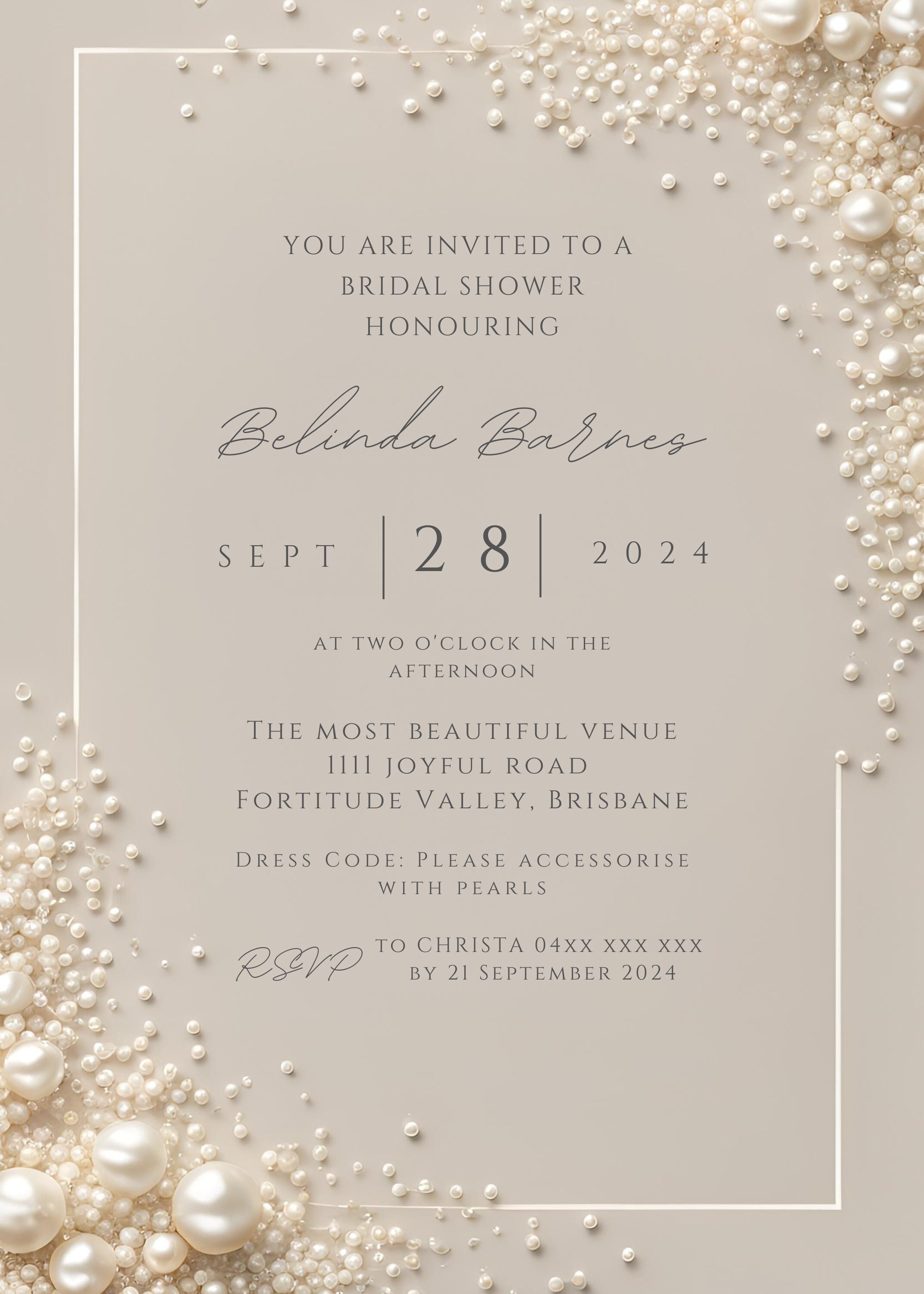 Elegant Editable Cream Seed Pearl Bridal Shower Invitation Template ...