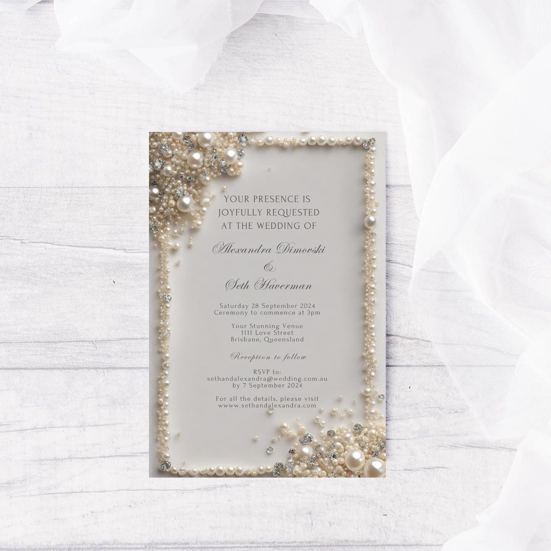 Elegant Editable Pastel Blush Pearls With Diamonds Single Page Wedding ...