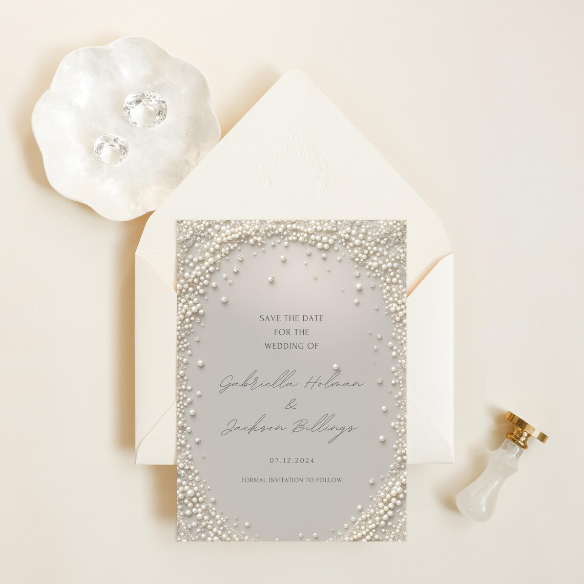 Elegant Editable Pastel Blush Pearls With Diamonds Wedding Save the ...