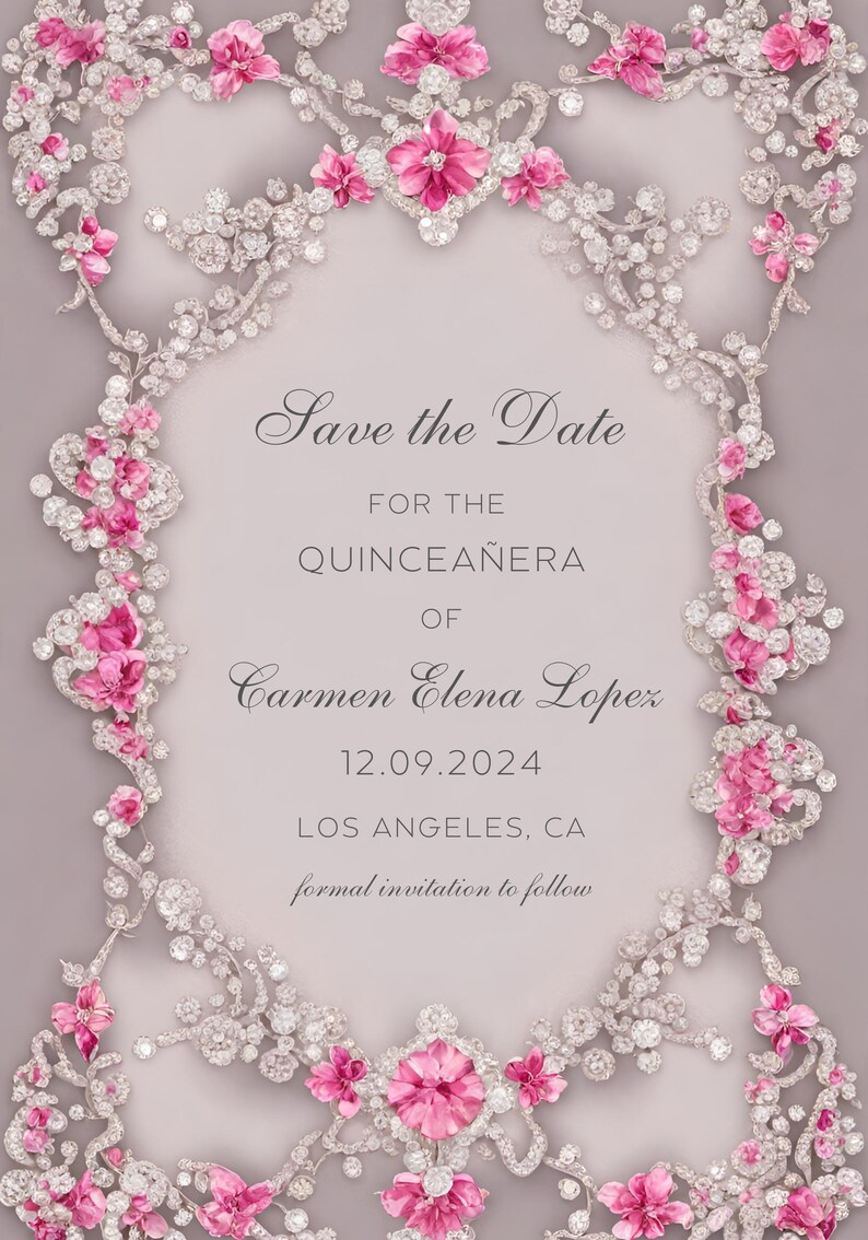Elegant Pink Diamond Quinceanera Save the Date Template, Modern ...