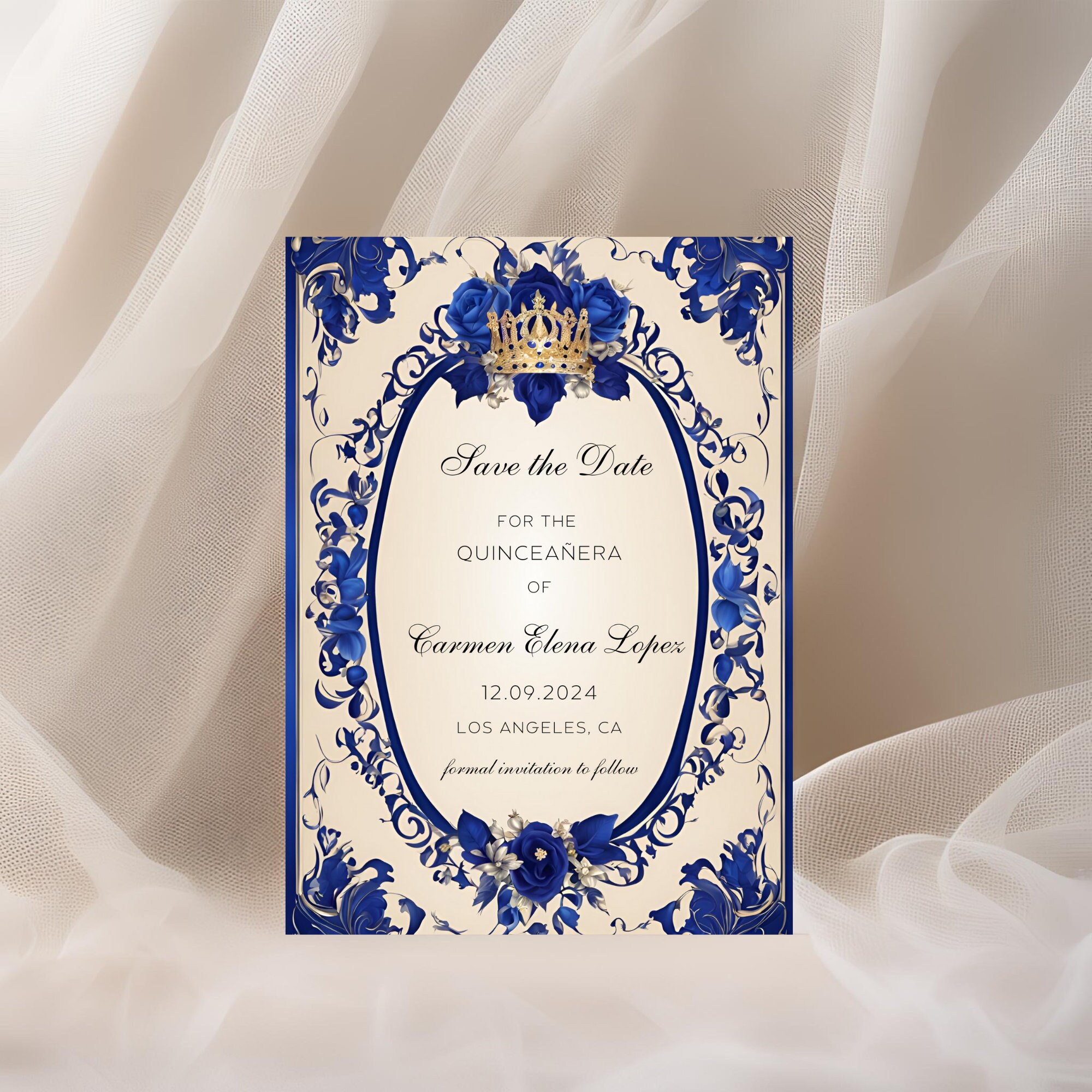 Elegant Royal Blue Crown Quinceañera Save the Date Template, Modern ...